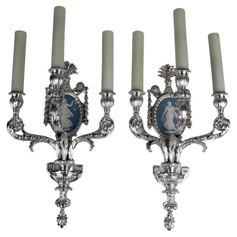 Pair Adam Style Silver Sconces with Wedgwood Plaques, Attributed to ...
