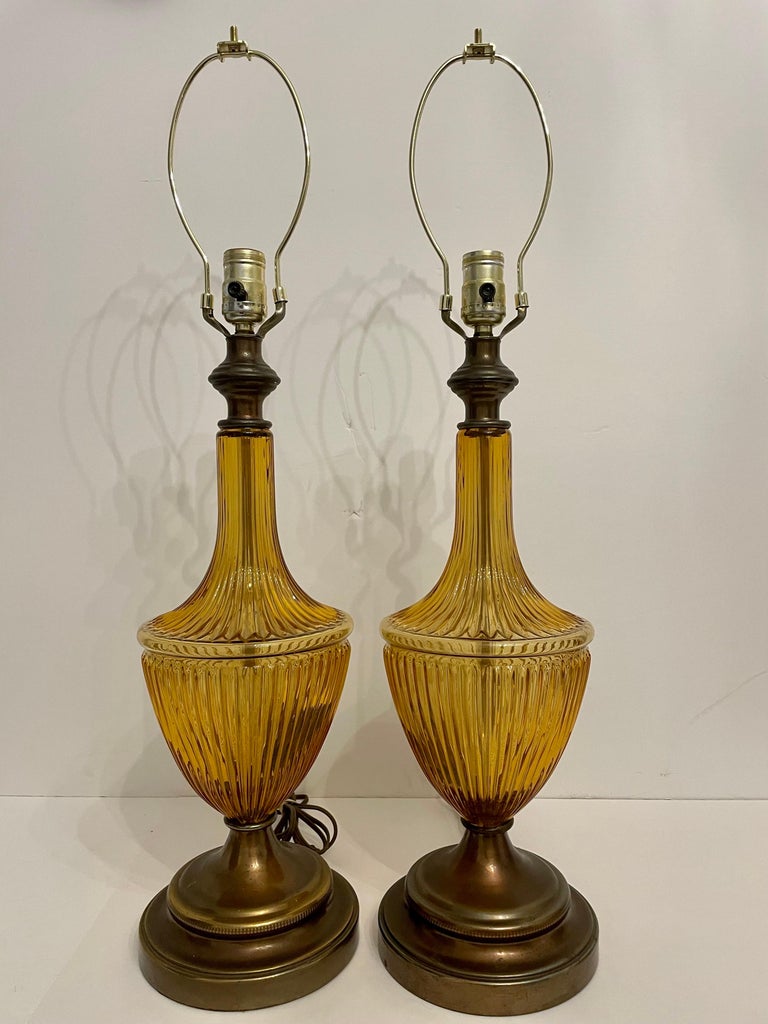 Pair Mid Century Amber Glass Lamps For Sale at 1stDibs