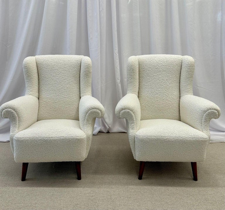 Pair American Mid-Century Scroll Lounge / Wingback Chairs, Boucle ...