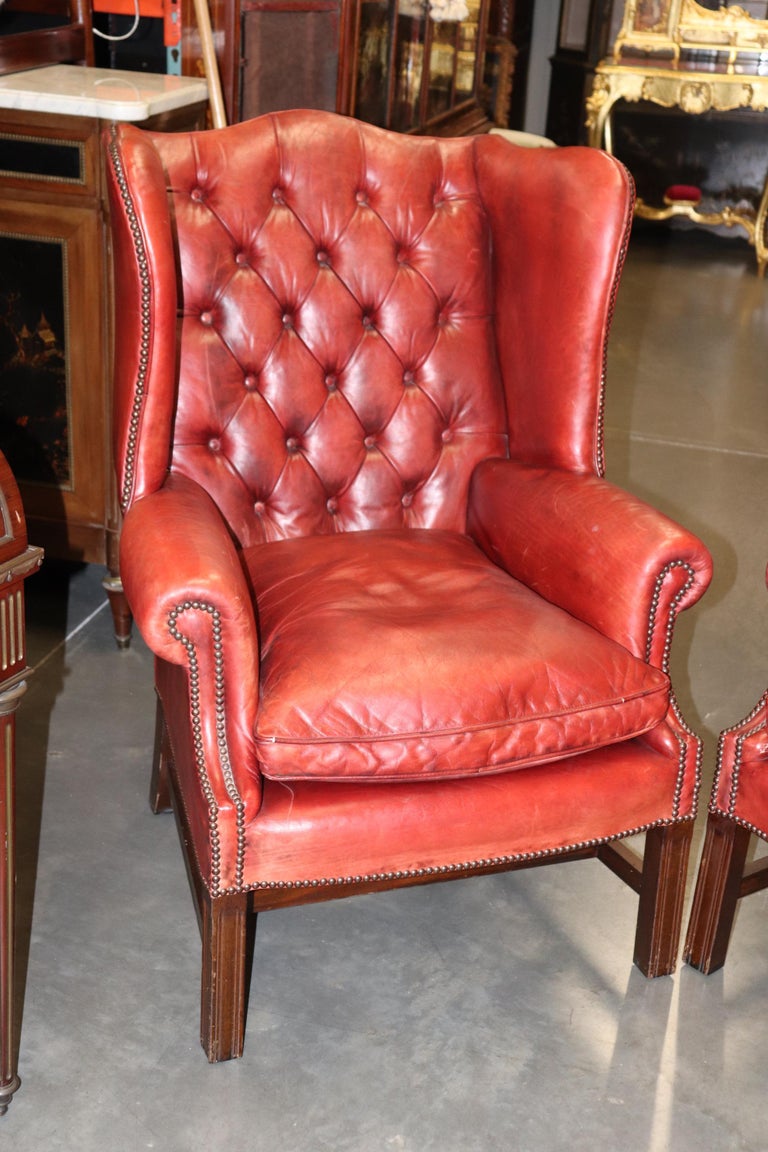 Pair Antique 1920s Era Red Leather Chertfield Tufted Georgian Wingback ...
