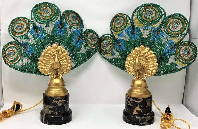 Pair of Antique Austrian Peacock Lamps, Bronze with Art Glass Plumes at ...