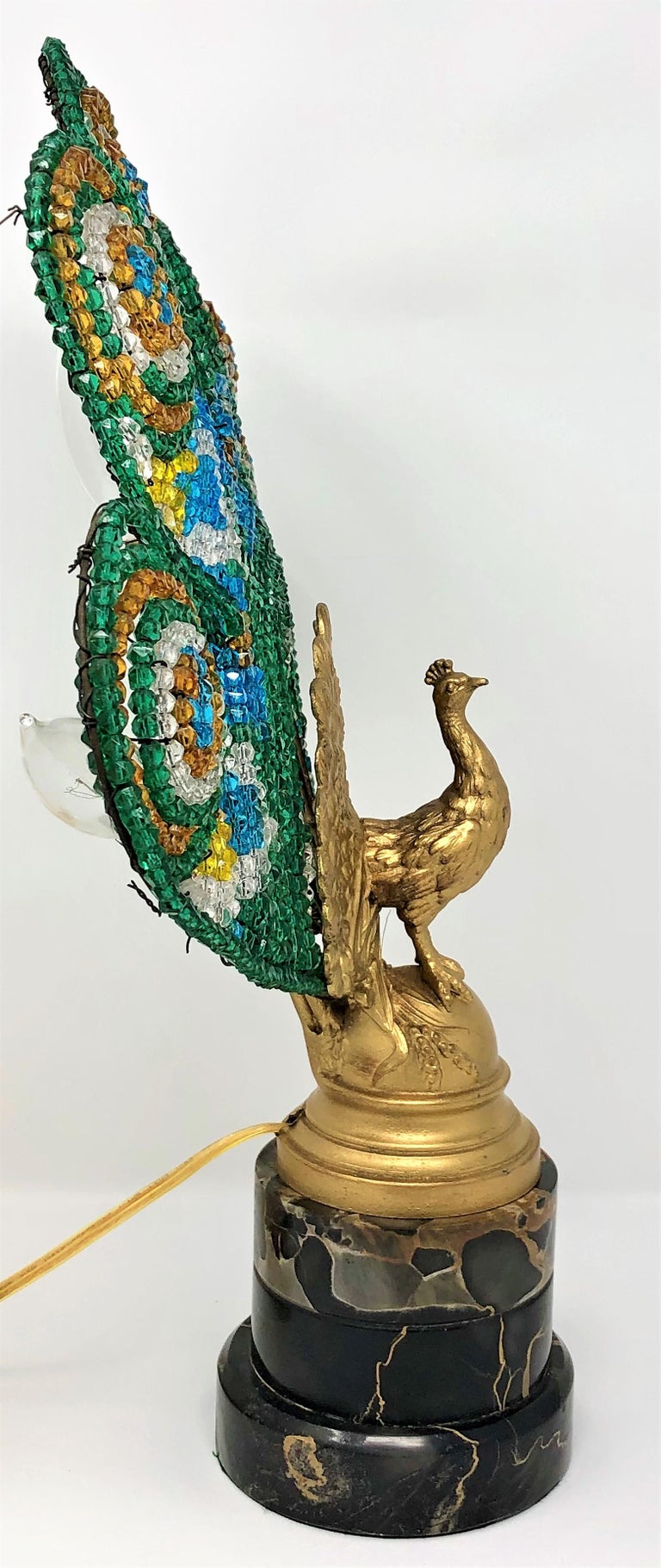 Pair of Antique Austrian Peacock Lamps, Bronze with Art Glass Plumes at ...