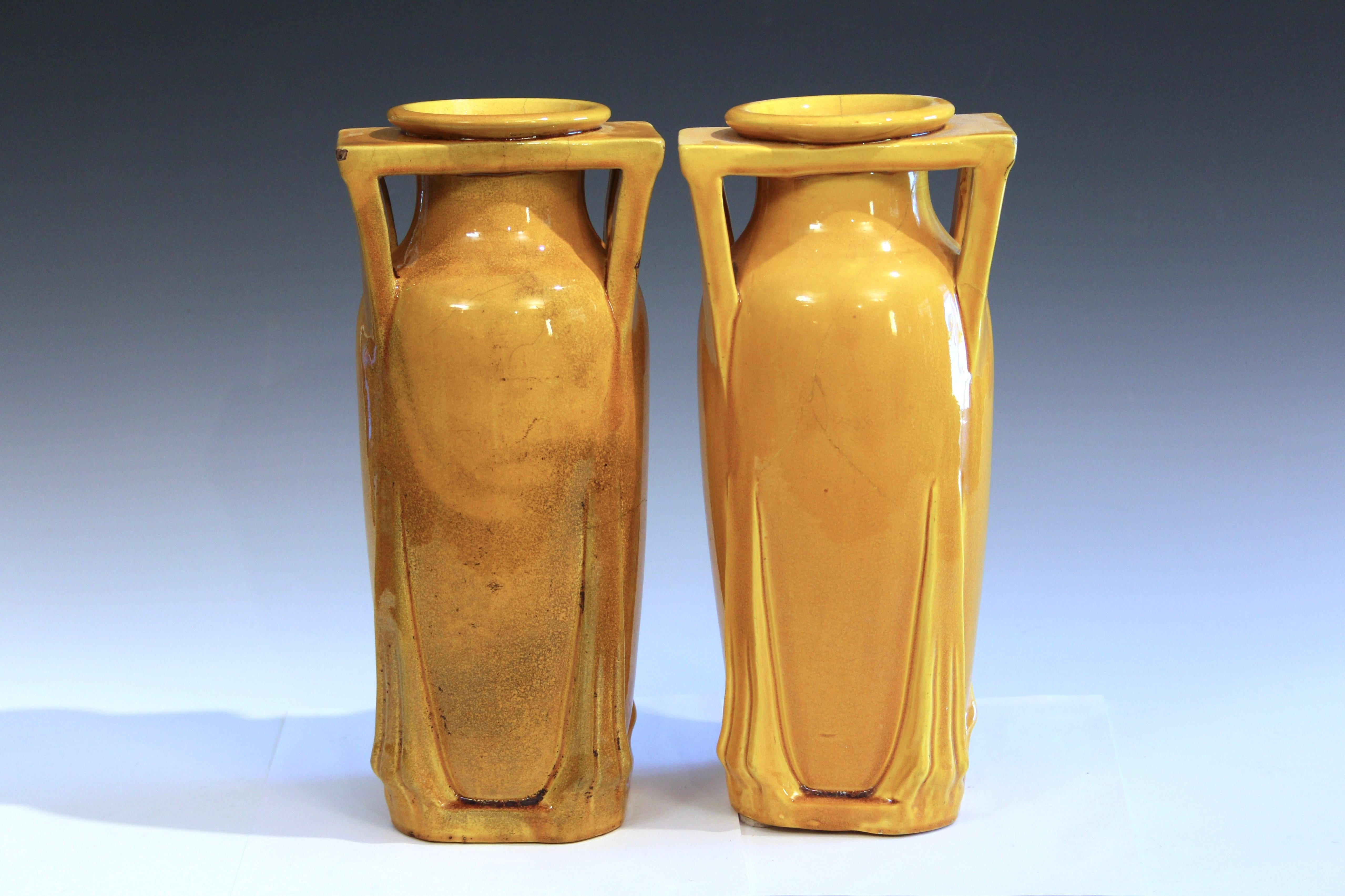 Pair Antique Awaji Pottery Arts and Crafts Yellow Buttress ...