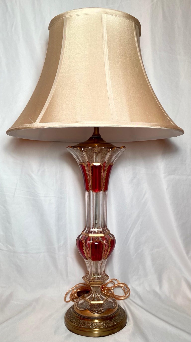 Pair Antique Bohemian Crystal Glass Lamps, Ruby w/ Gold Detail, Circa ...