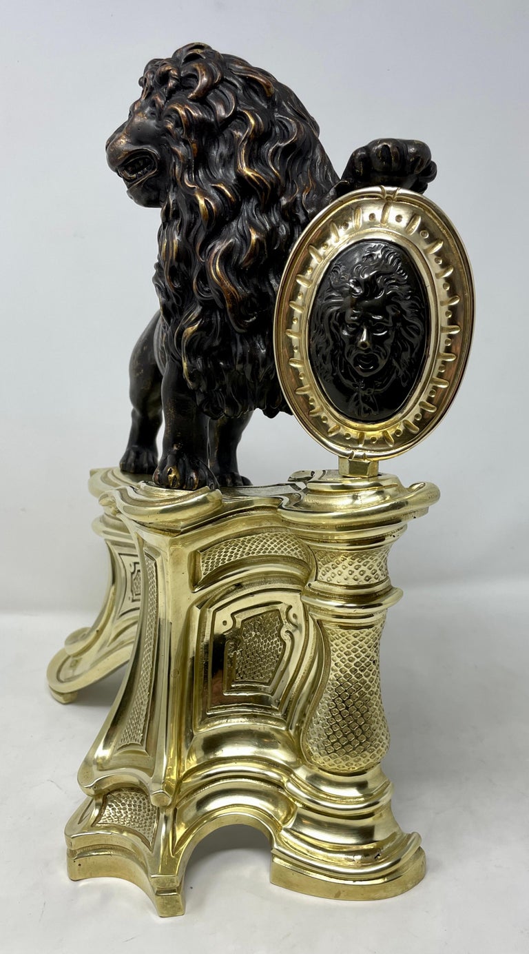 Pair Antique Bronze and Ormolu Heraldic Lions Andirons, circa 1855-1865 ...