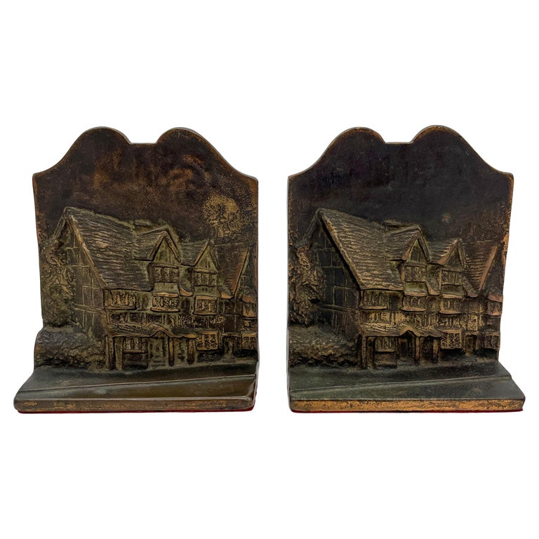 Pair Antique Cast Bronze Bookends Shakespeare House For Sale at 1stDibs