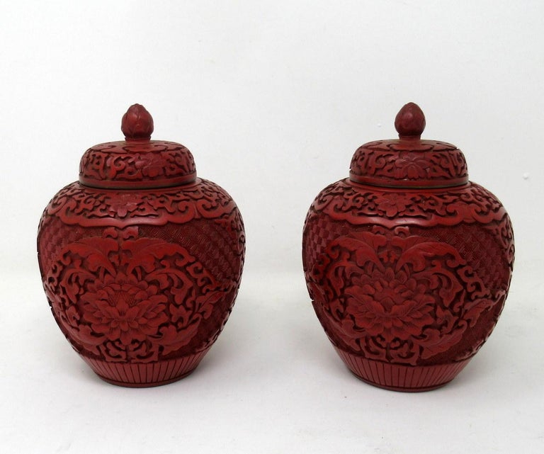 Pair of Antique Chinese Carved Cinnabar Bowls Ginger Jars Guangxu, 19th ...