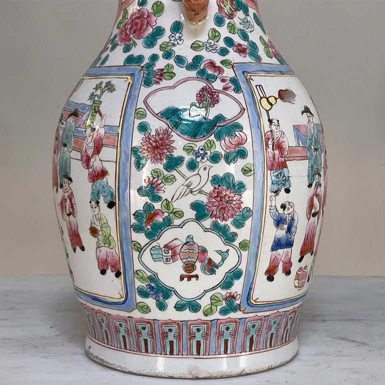 Pair Antique Chinese Hand-Painted Vases For Sale at 1stDibs