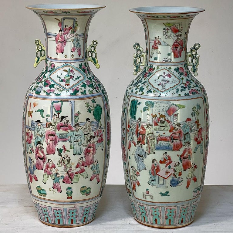 Pair Antique Chinese Hand-Painted Vases For Sale at 1stDibs