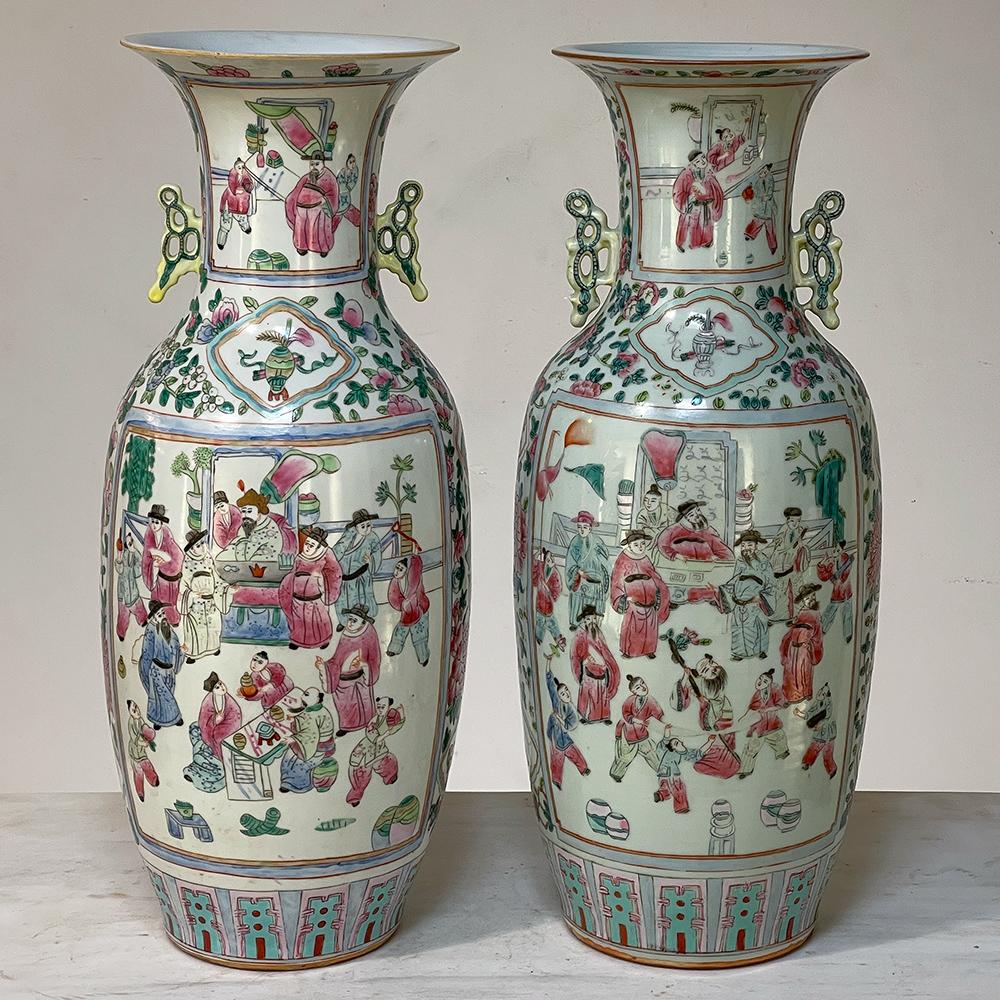 Pair Antique Chinese Hand-Painted Vases For Sale at 1stDibs