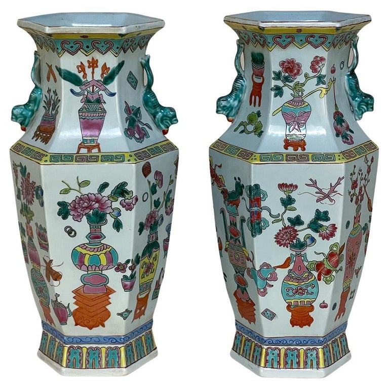 Pair Antique Chinese Hand-Painted Vases For Sale at 1stDibs
