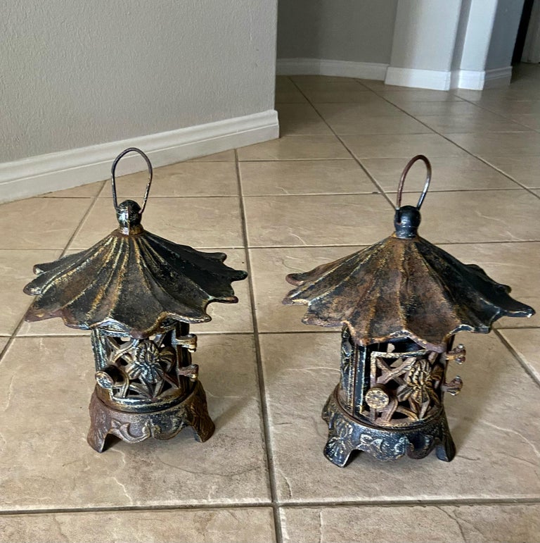 Pair Antique Chinese Iron Pagoda Garden Candle Lanterns For Sale at 1stDibs