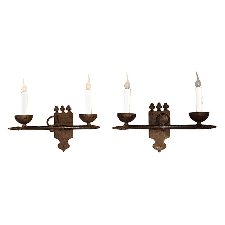Pair of Antique Country French Wrought Iron Wall Sconces at 1stDibs
