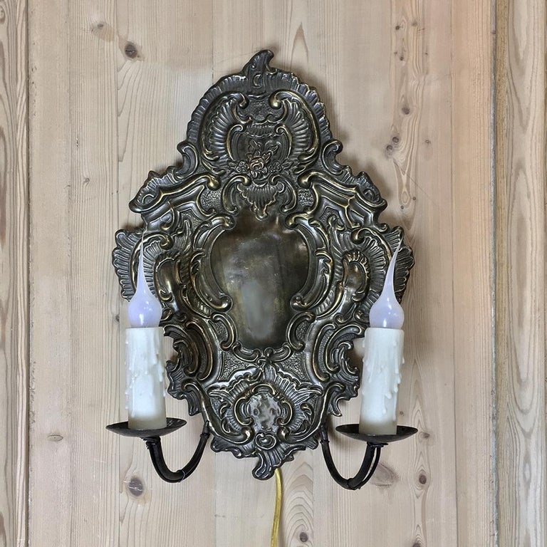 Pair of Antique Embossed Baroque Brass Wall Sconces For Sale at 1stDibs