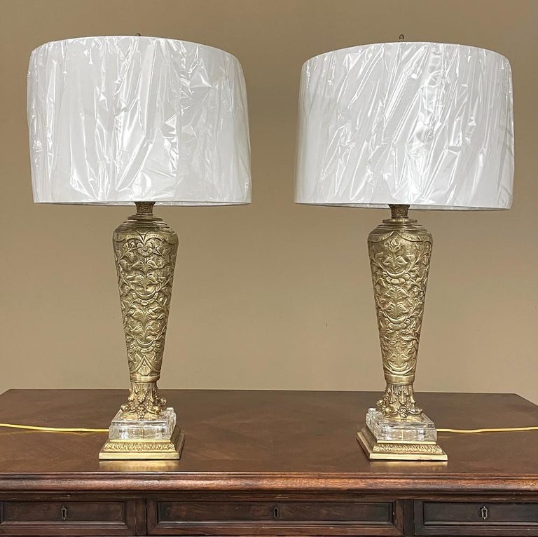 Pair Antique Embossed Bronze Table Lamps on Crystal Bases For Sale at ...