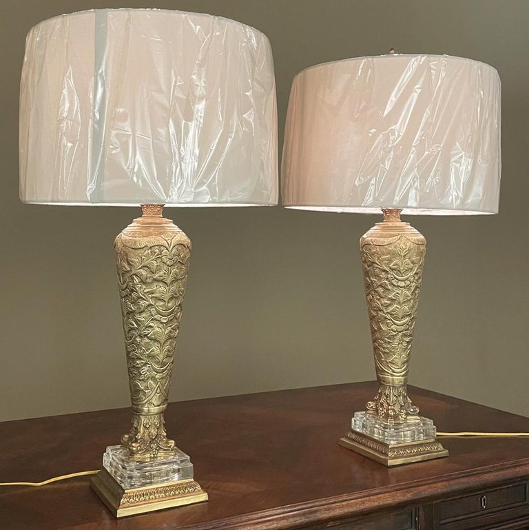 Pair Antique Embossed Bronze Table Lamps on Crystal Bases For Sale at ...