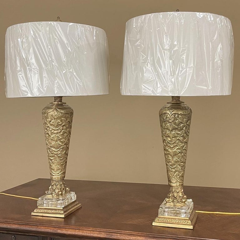 Pair Antique Embossed Bronze Table Lamps on Crystal Bases For Sale at ...