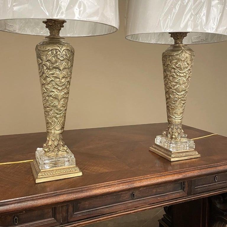 Pair Antique Embossed Bronze Table Lamps on Crystal Bases For Sale at ...