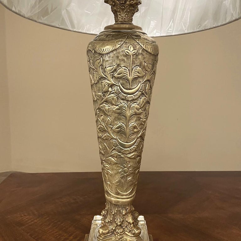 Pair Antique Embossed Bronze Table Lamps on Crystal Bases For Sale at ...
