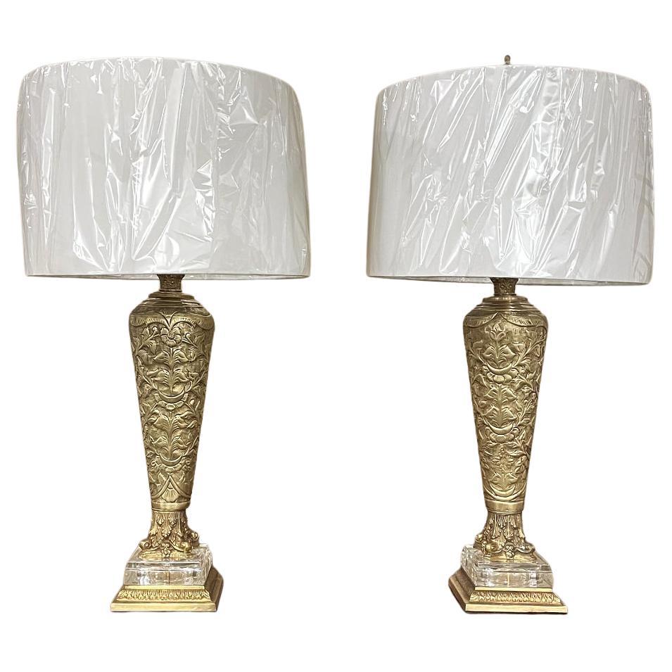 Rare Pair of Art Deco Czech Glass Lamps on Bronze Tree Trunk Bases at ...