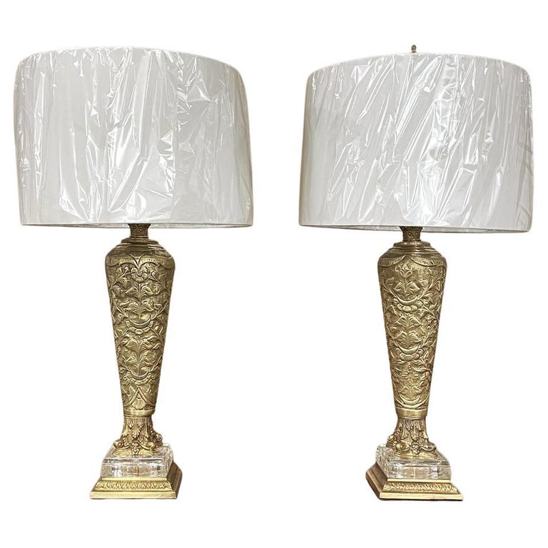 Pair Antique Embossed Bronze Table Lamps on Crystal Bases For Sale at ...