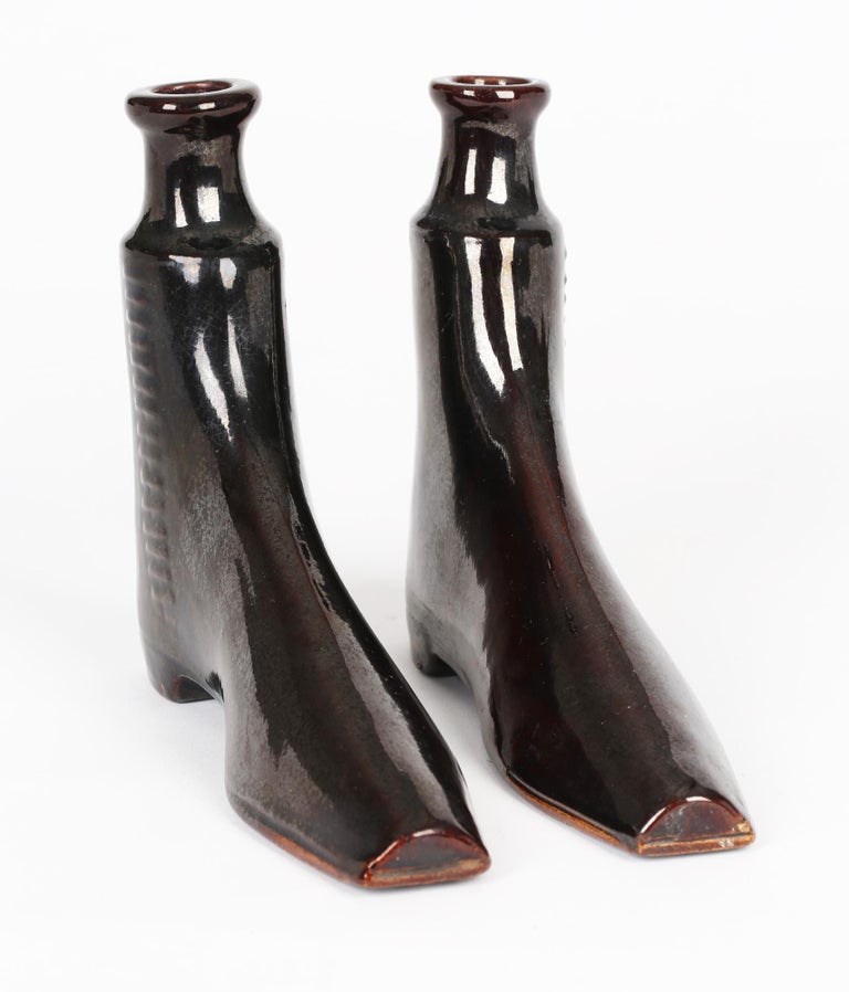 Pair of Antique English Treacle Glazed Pottery Boot Shaped Spirit ...