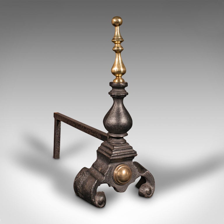 Pair, Antique Fireside Tool Rests, English, Cast Iron, Brass, Andiron ...