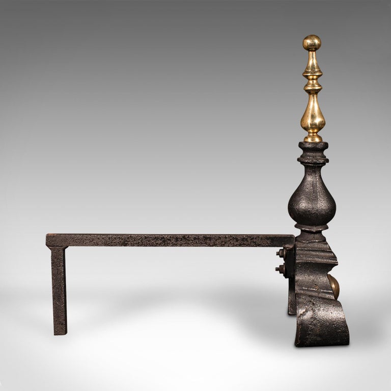 Pair, Antique Fireside Tool Rests, English, Cast Iron, Brass, Andiron ...