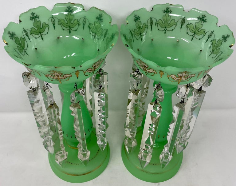 Pair Antique French "Art Nouveau" Green and Gold Opaline Glass Lustres ...