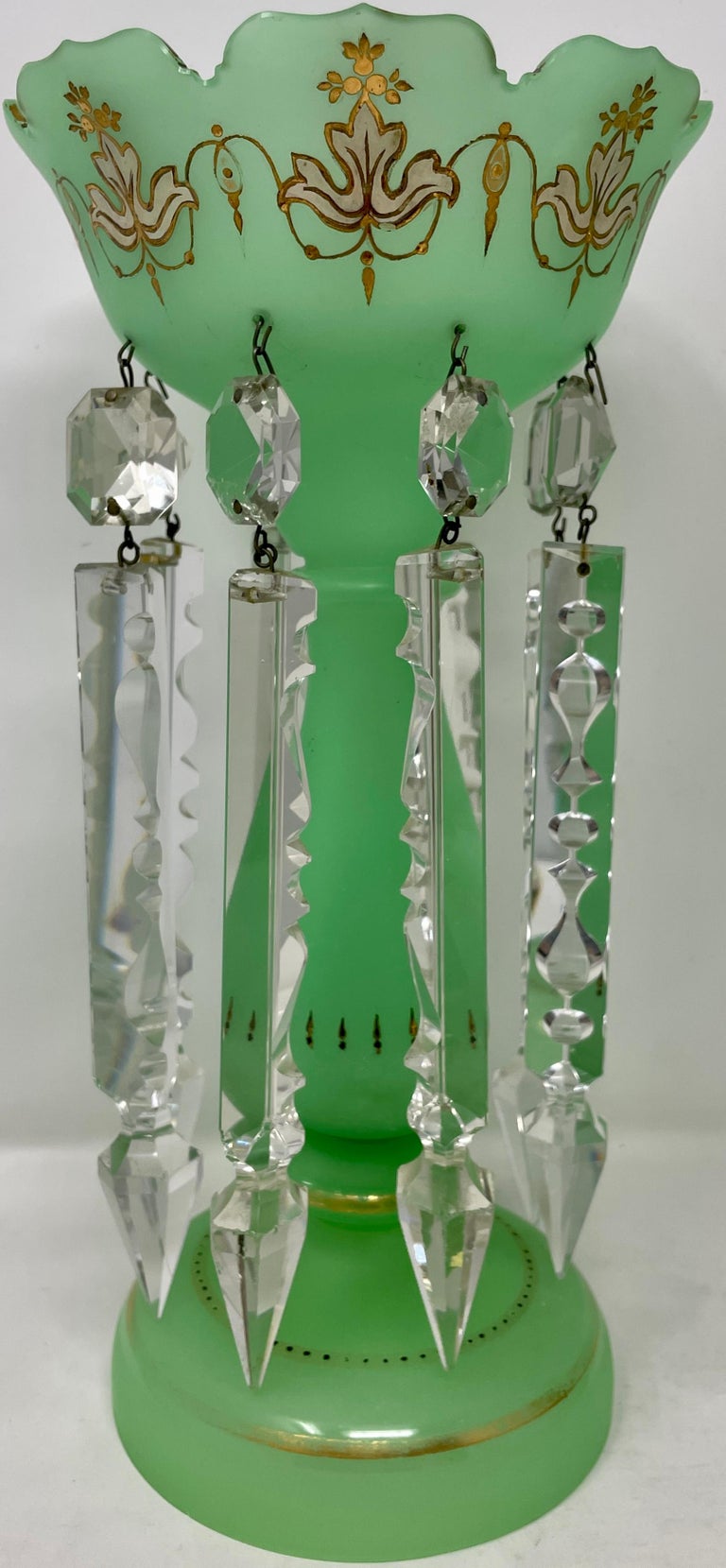 Pair Antique French "Art Nouveau" Green and Gold Opaline Glass Lustres ...