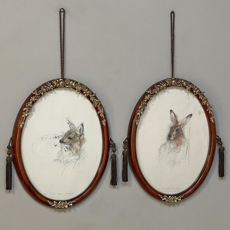 Pair Antique French Hand-Colored Lithographs in Mahogany Frames with ...