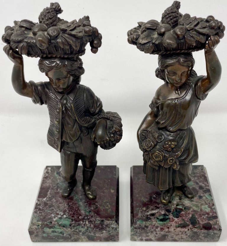 Pair Antique French Miniature Boy and Girl Bronzes on Marble Bases For ...
