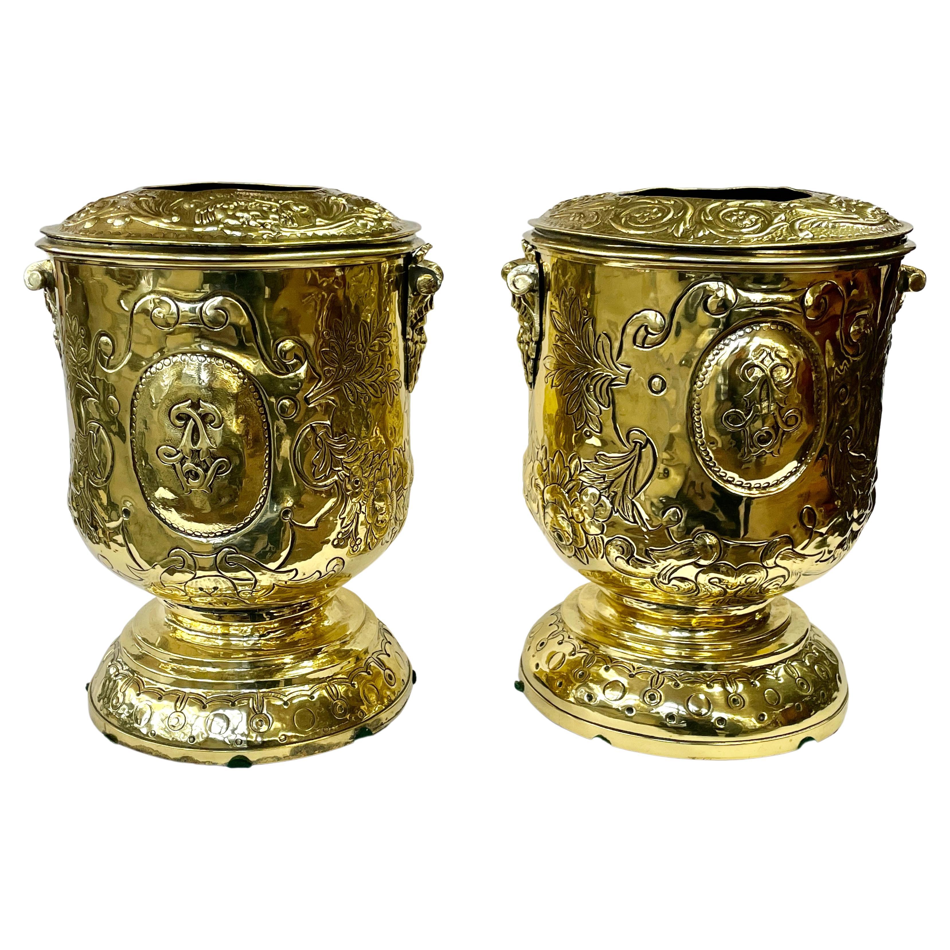 Pair Antique French Regence Chased Brass Armorial and Monogrammed Wine ...