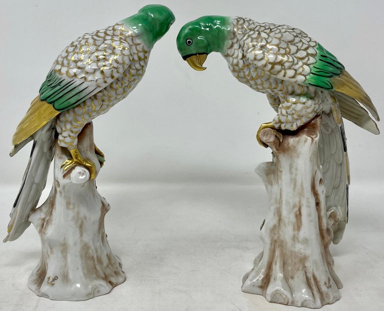 Pair Antique Hand-Painted Green and Gold Porcelain Parakeets, circa ...