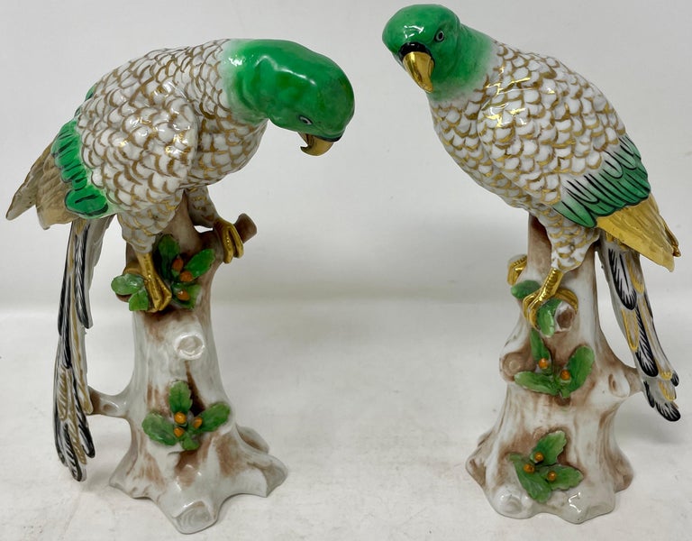 Pair Antique Hand-Painted Green and Gold Porcelain Parakeets, circa ...