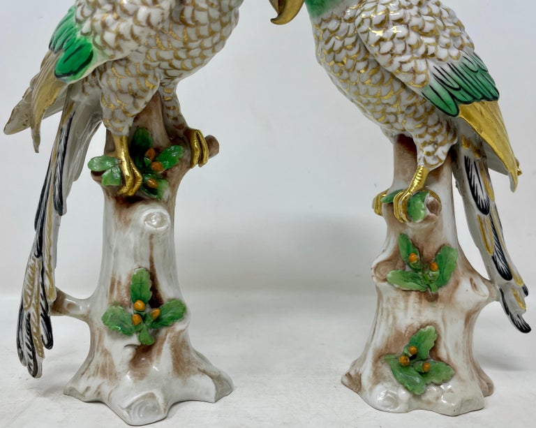 Pair Antique Hand-Painted Green and Gold Porcelain Parakeets, circa ...