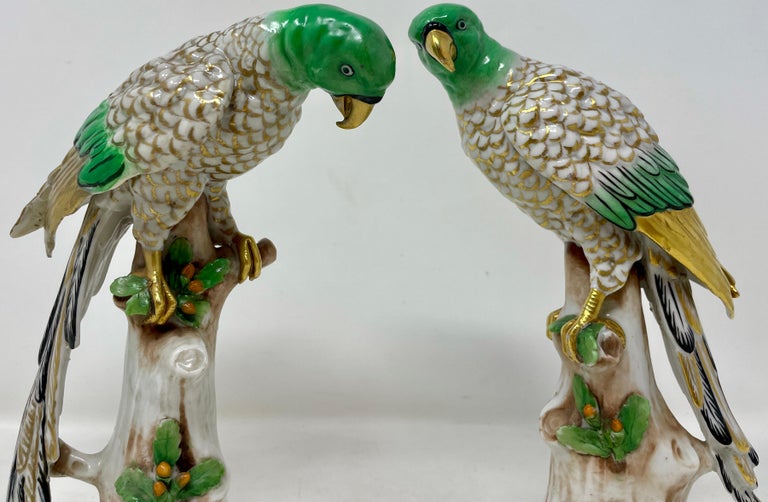 Pair Antique Hand-Painted Green and Gold Porcelain Parakeets, circa ...
