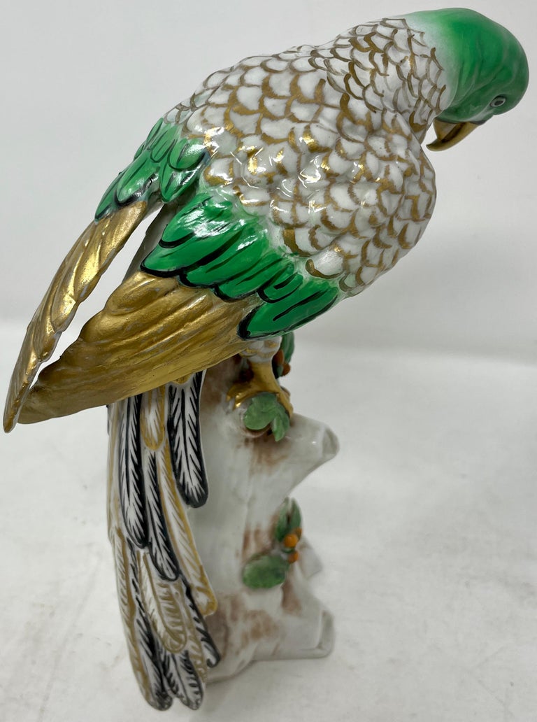 Pair Antique Hand-Painted Green and Gold Porcelain Parakeets, circa ...