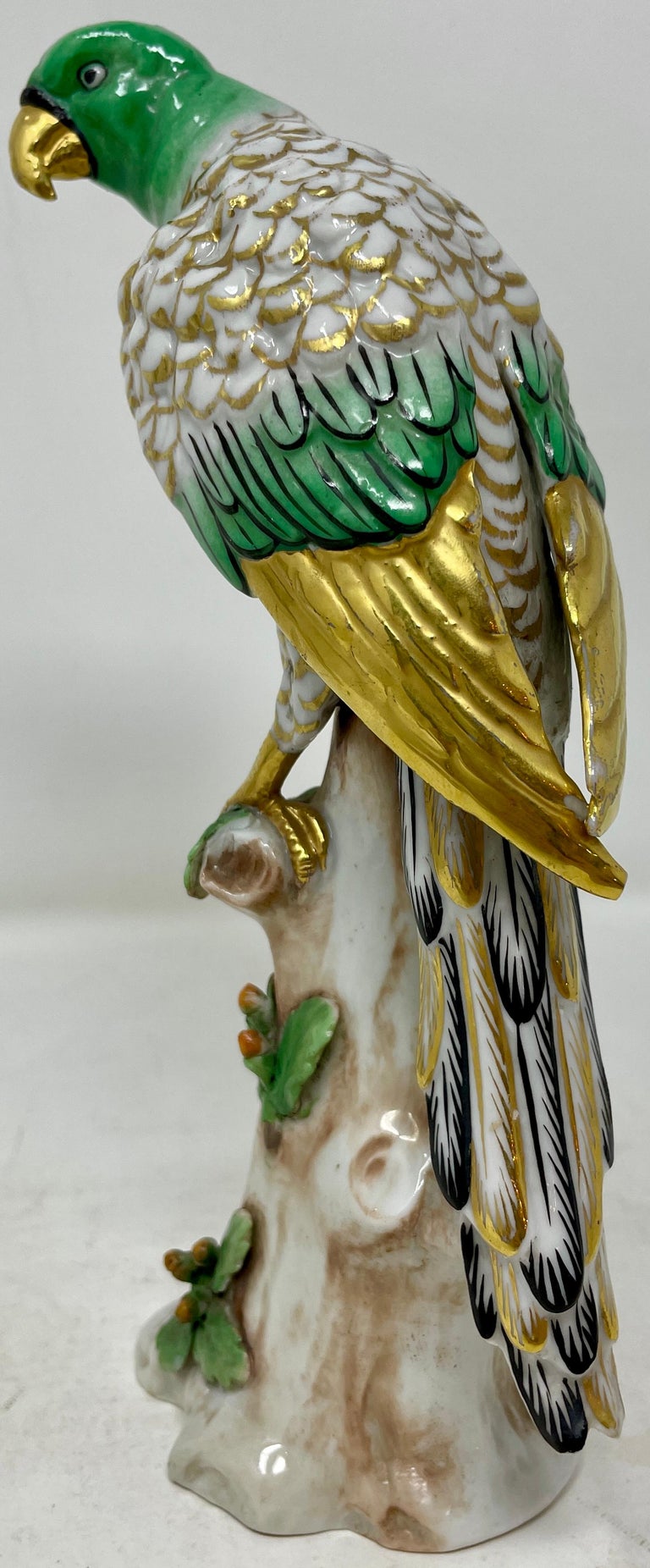 Pair Antique Hand-Painted Green and Gold Porcelain Parakeets, circa ...