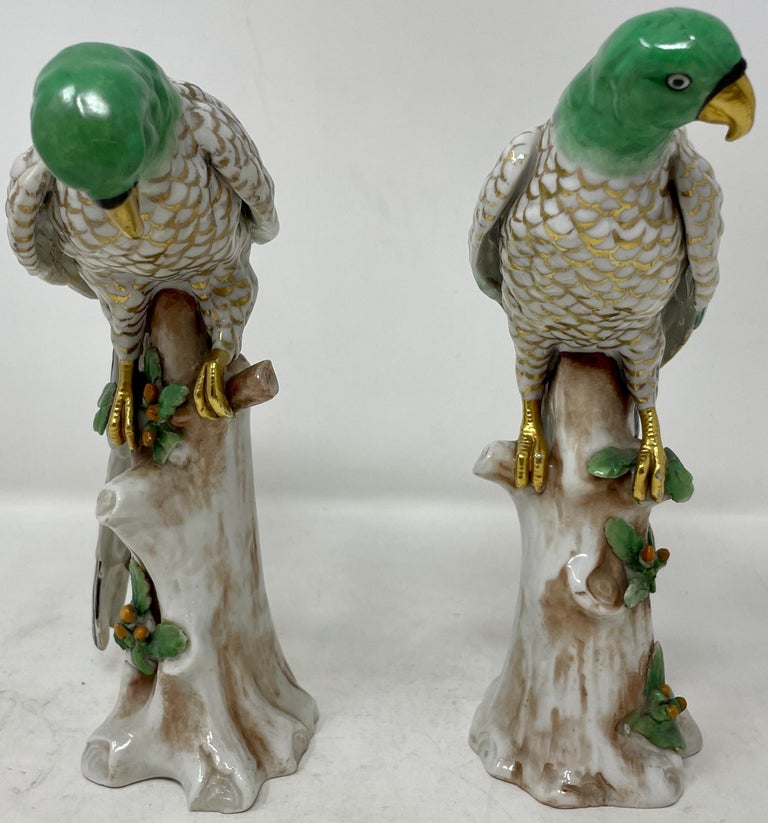 Pair Antique Hand-Painted Green and Gold Porcelain Parakeets, circa ...