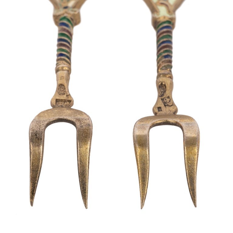 Pair Antique Imperial Russian Silver Gilt Cloisonné Forks Feodor ...