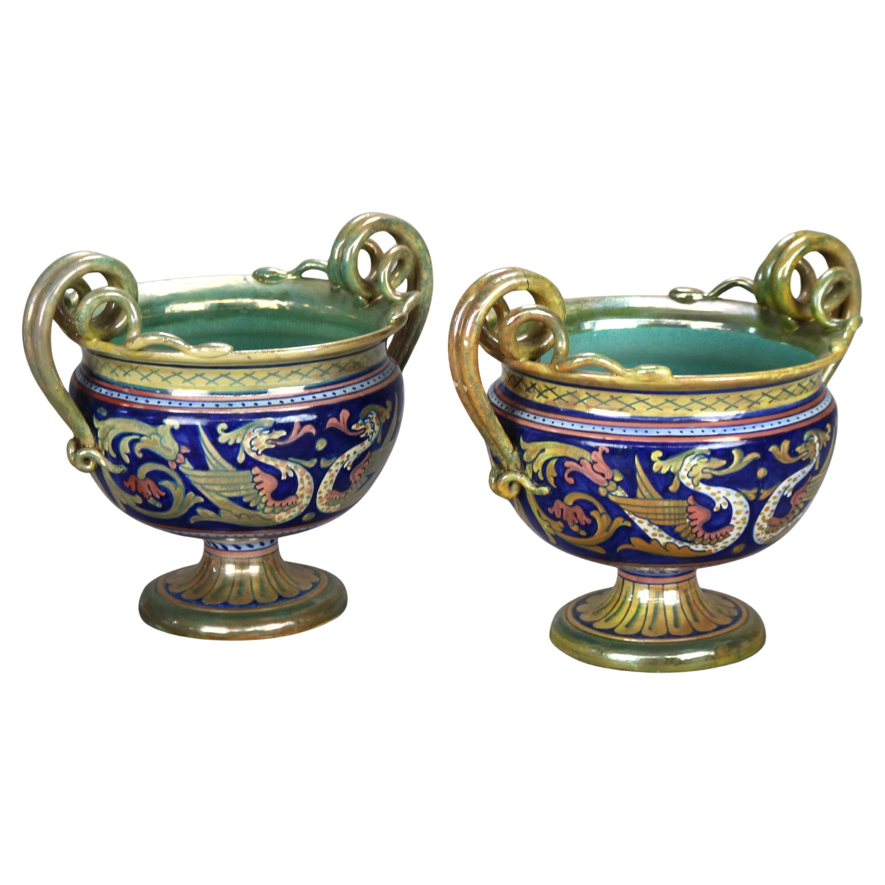 Pair Antique Italian Neoclassical Luster Finish Pottery Urns with ...