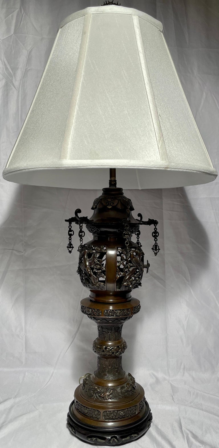 Pair Antique Japanese Bronze Censers Made in Lamps. For Sale at 1stDibs