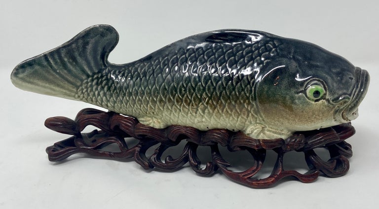 Pair Antique Late 19th Century Chinese Porcelain Fish Figures on Carved ...