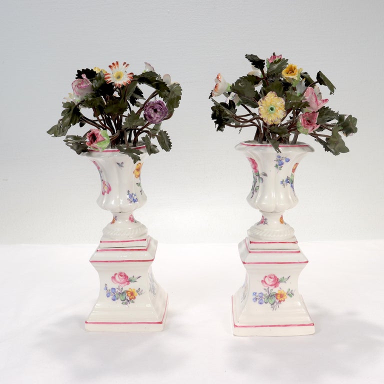 Pair Antique Samson Mennecy Style Tole Peinte and Porcelain Flower ...