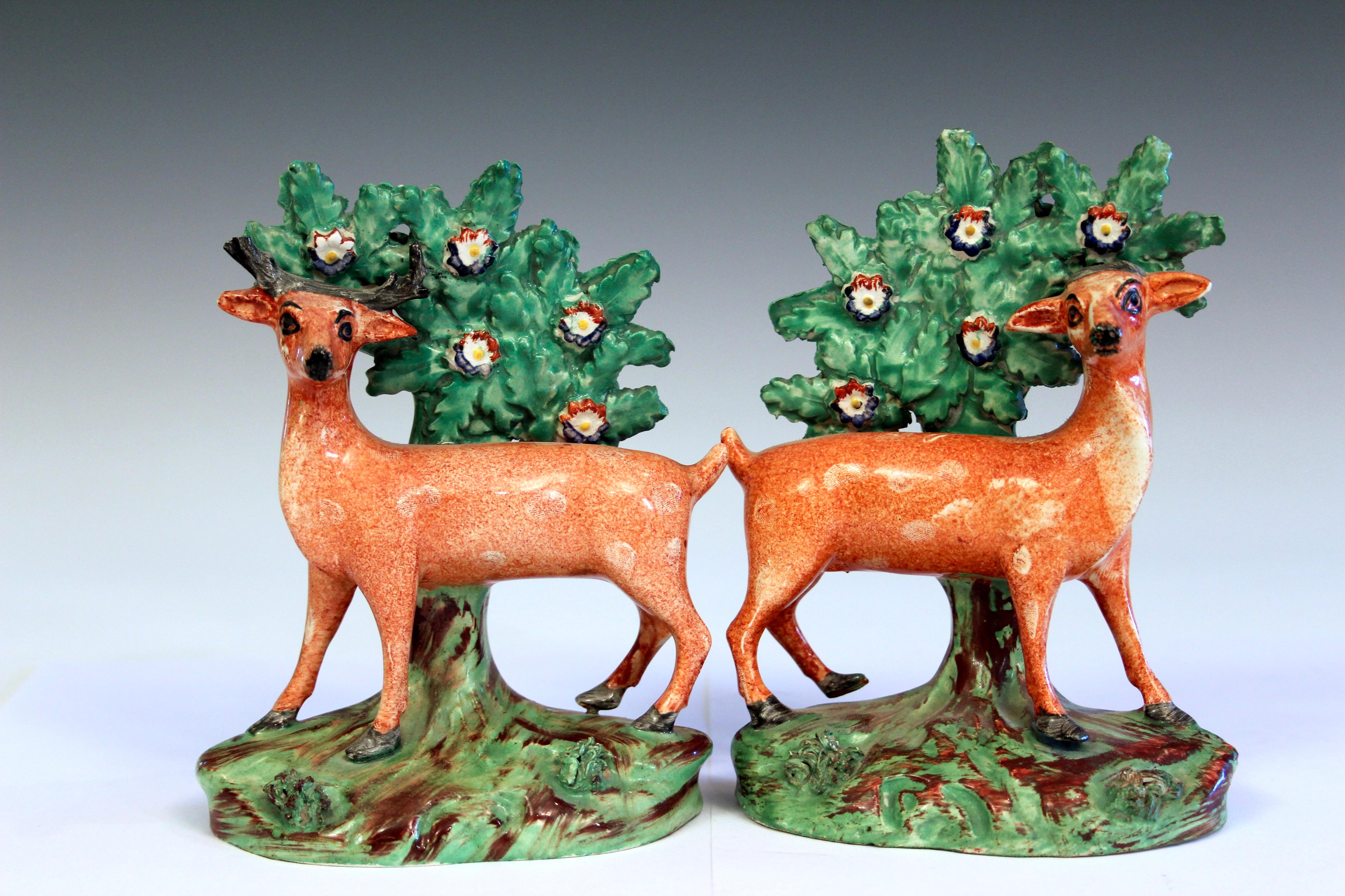Pair Antique Staffordshire Deer Pottery Figures Bocage 19th Century ...
