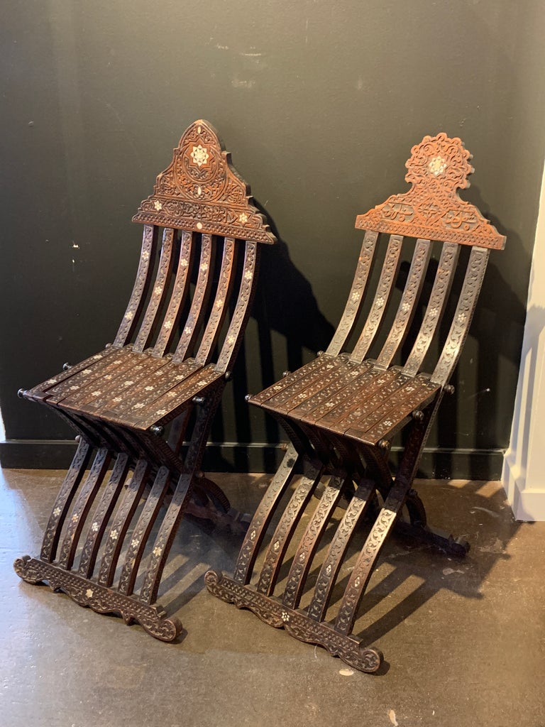 Pair Antique Syrian Moorish Inlaid Folding Chairs, Late 19th Century ...