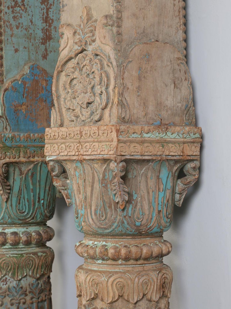 Pair of Antique Teak Wood Columns from India in Old Paint at 1stDibs