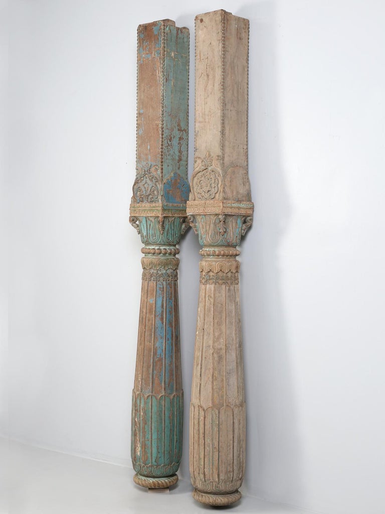 Pair of Antique Teak Wood Columns from India in Old Paint at 1stDibs