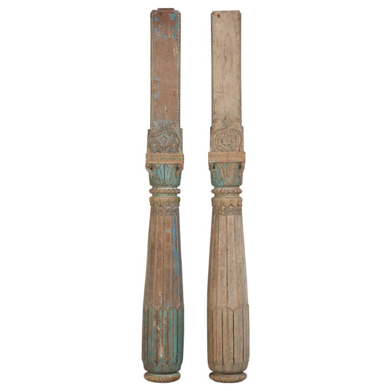 Pair of Antique Teak Wood Columns from India in Old Paint at 1stDibs